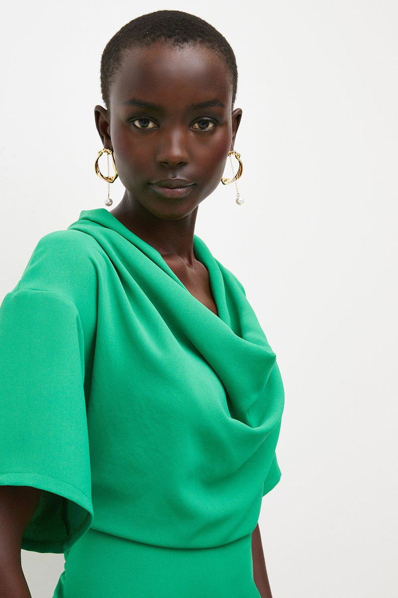 Karen Millen Fluid Crepe Woven Cowl Neck Mini Dress In Green Endource