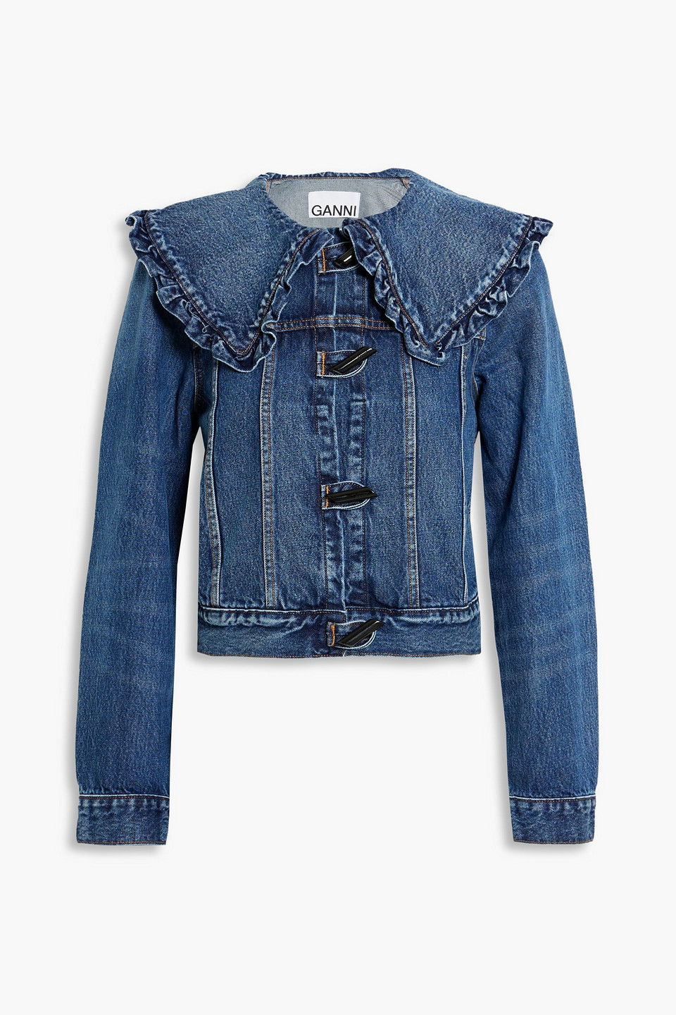 GANNI Ruffled Denim Jacket in Blue | Endource