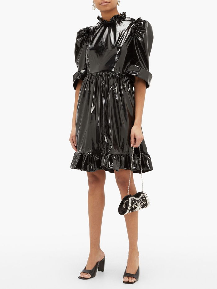 BATSHEVA Spring Ruffled PVC Mini Dress in Black | Endource