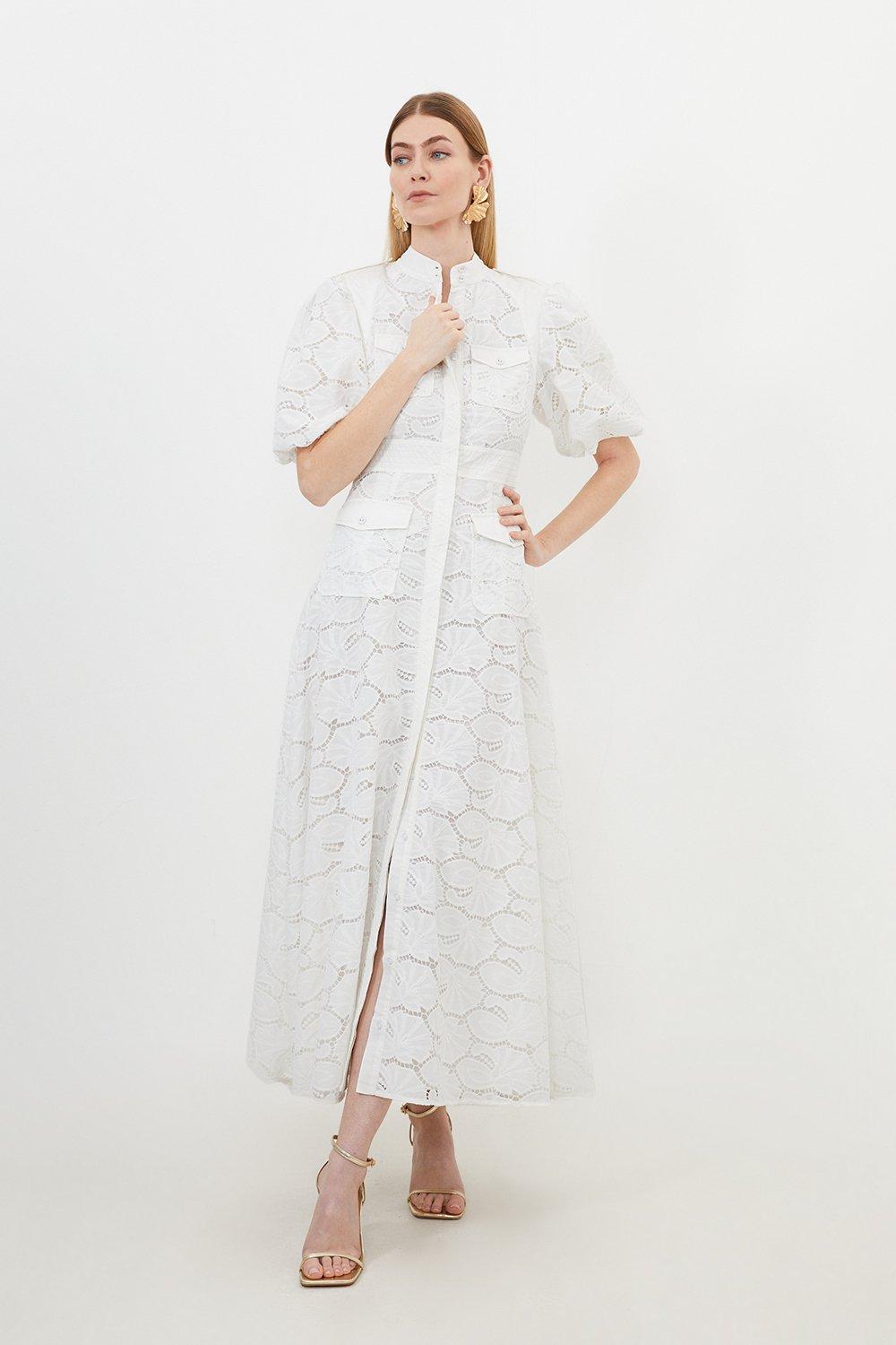 KAREN MILLEN Cotton Cutwork Woven Maxi Dress in White | endource