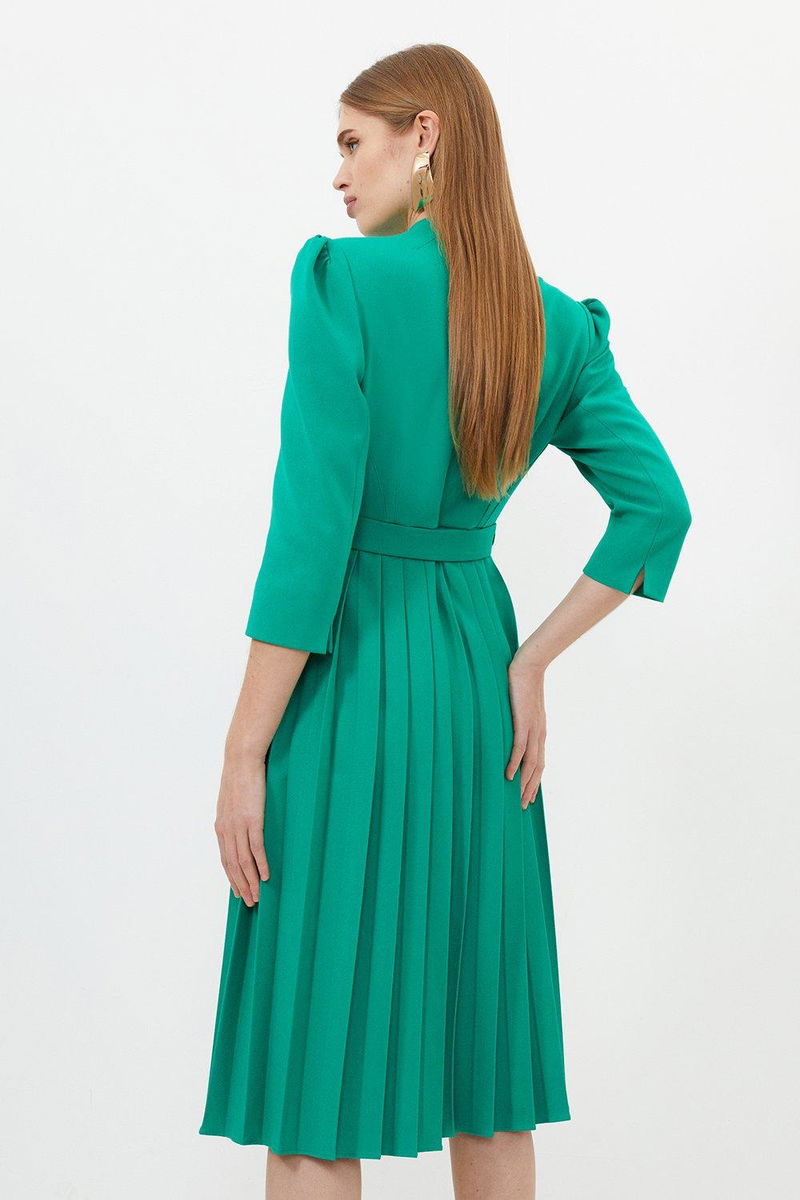 Karen Millen Tailored Structured Crepe High Neck Pleated Midi Dress In