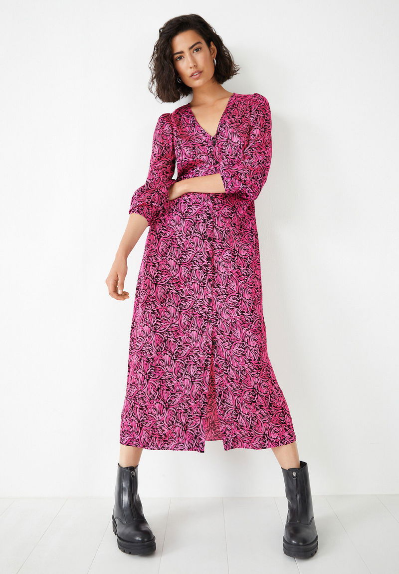 HUSH Lucia Satin Midi Dress in Bold Butterfly Black/Pink | Endource