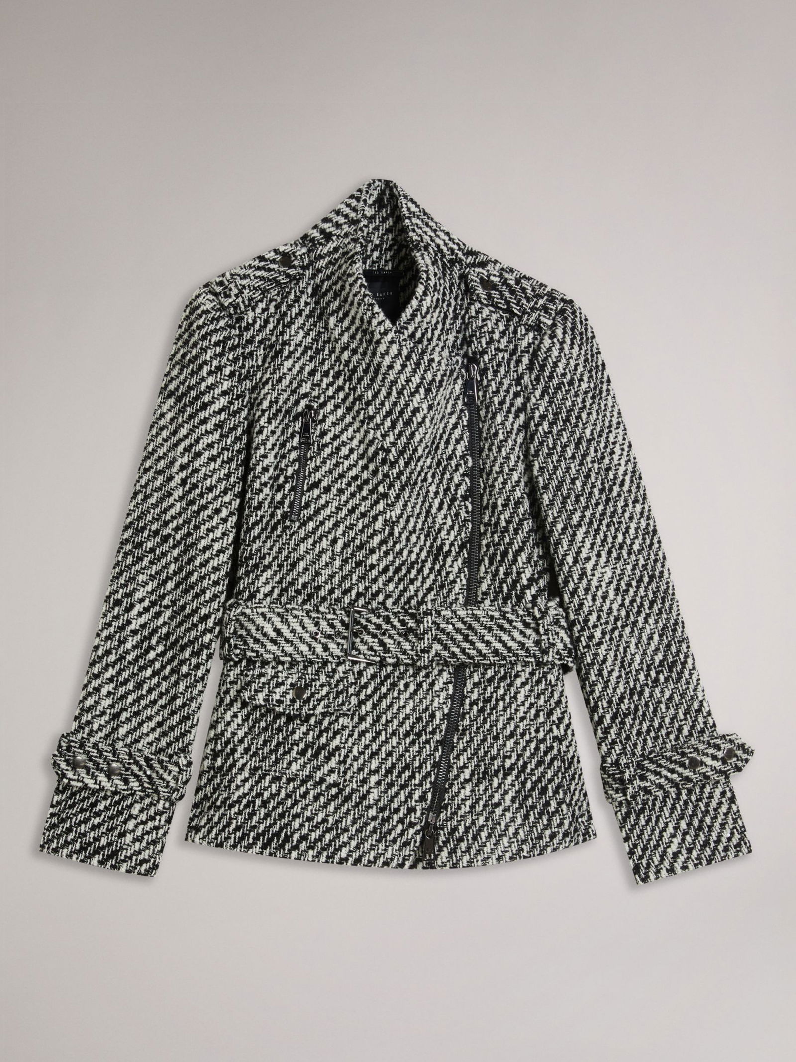 TED BAKER Roseby Boucle Belted Wrap Biker Jacket in Black/White | endource