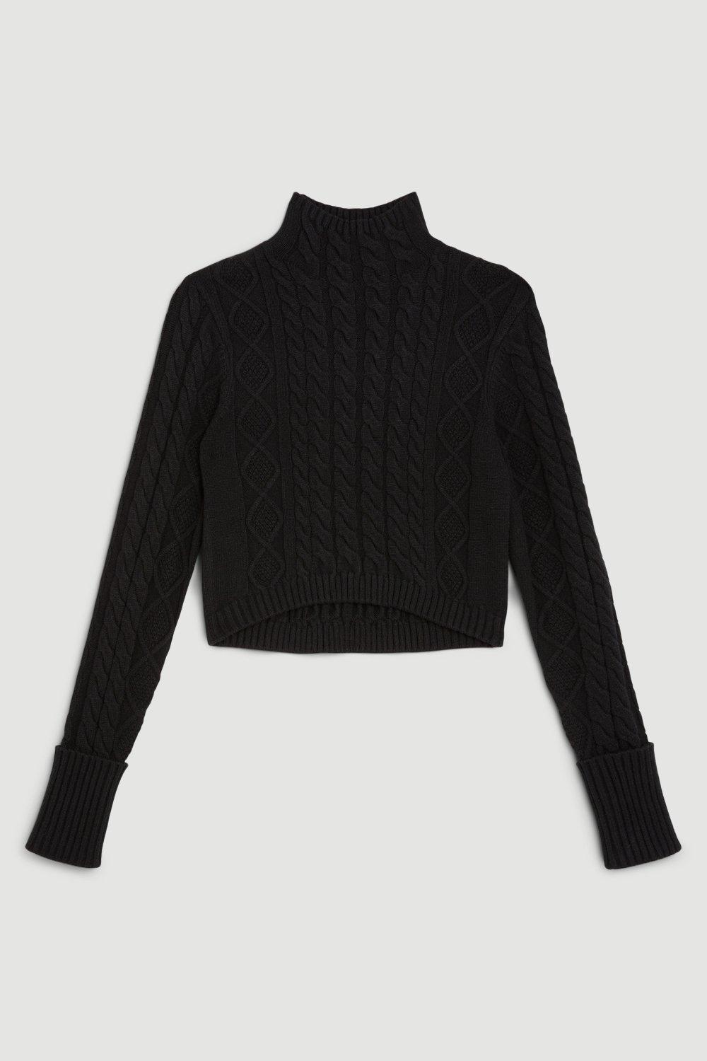 Karen Millen Cable Knit Crop Funnel Neck Jumper In Black Endource
