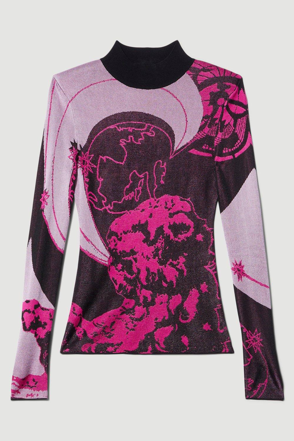 KAREN MILLEN British Museum Slinky Knit Star Mapped Jacquard Top in ...