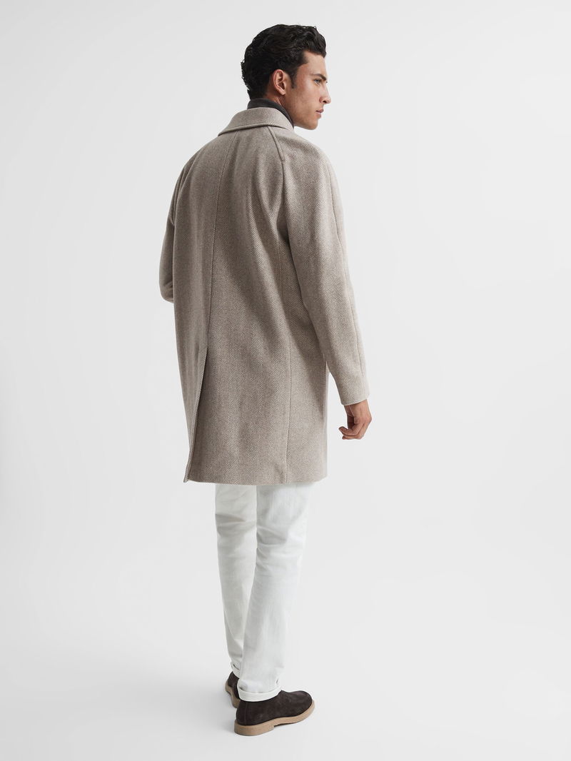 REISS Root Herringbone Raglan Overcoat in Oatmeal | endource
