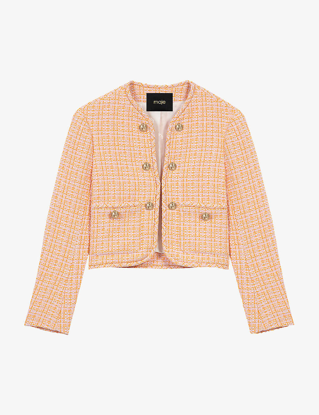 MAJE Button-Embellished Tweed Jacket in Jaunes / Oranges | Endource