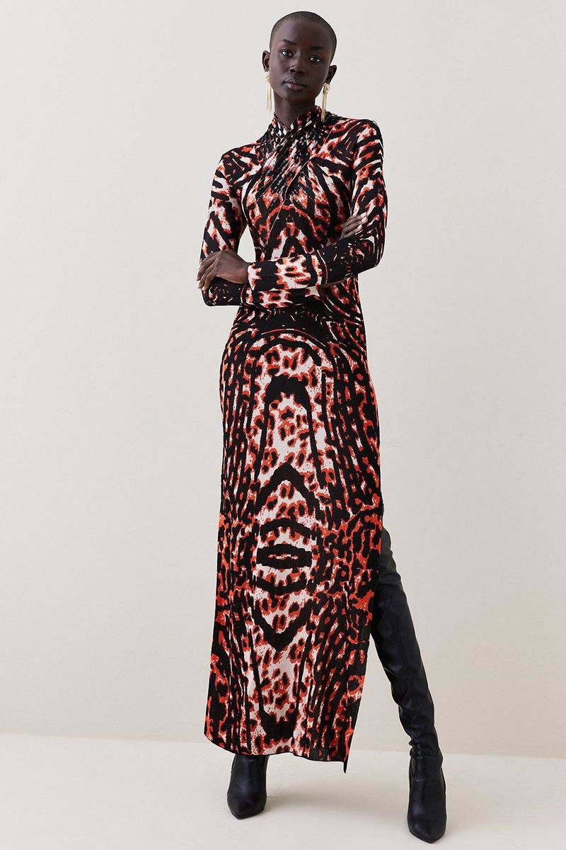 Karen Millen Embellished Twist Slinky Jacquard Knit Maxi Dress In Red