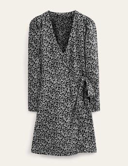 BODEN Wrap Detail Mini Dress in Black, Swirl Sprig | Endource