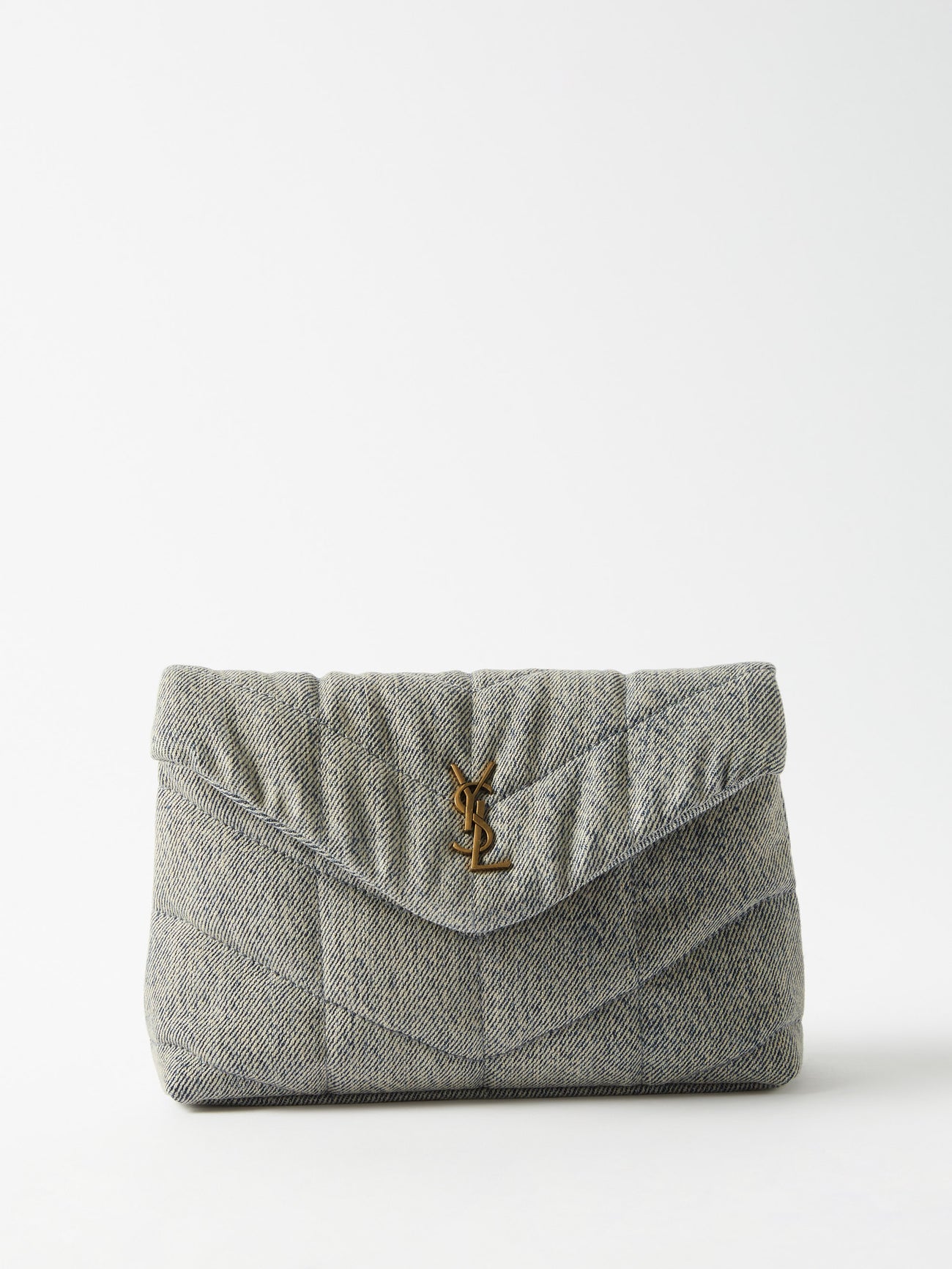 SAINT LAURENT Puffer YSL-Logo Quilted Denim Pouch in Grey | Endource
