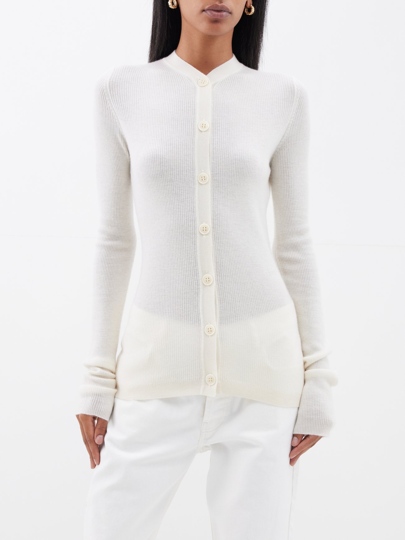 RAEY Sheer Ribbed-Knit Cashmere Cardigan in Ivory | endource