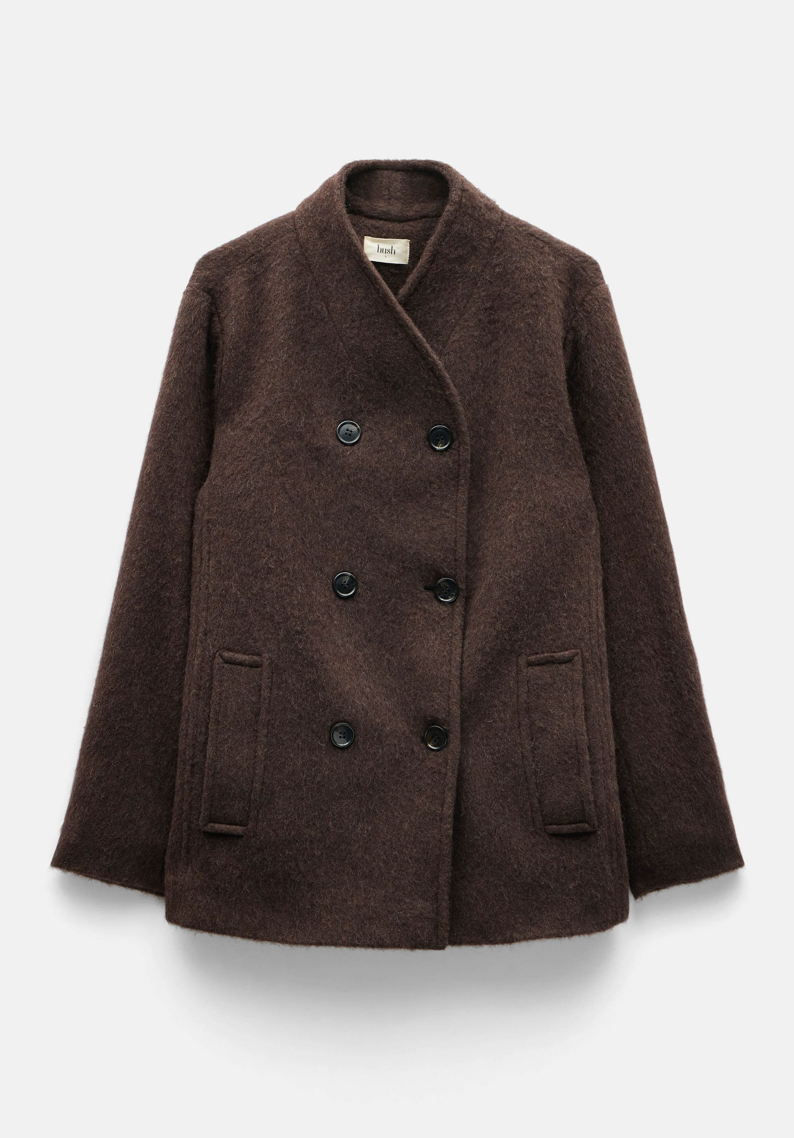 HUSH Funnel Neck Wool Coat in Brown | Endource