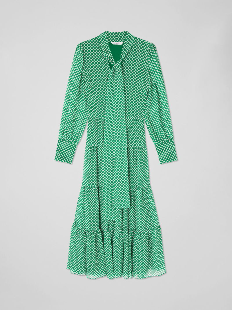L.K. BENNETT Polly Spot Print Tiered Midi Dress in Green/Cream | endource