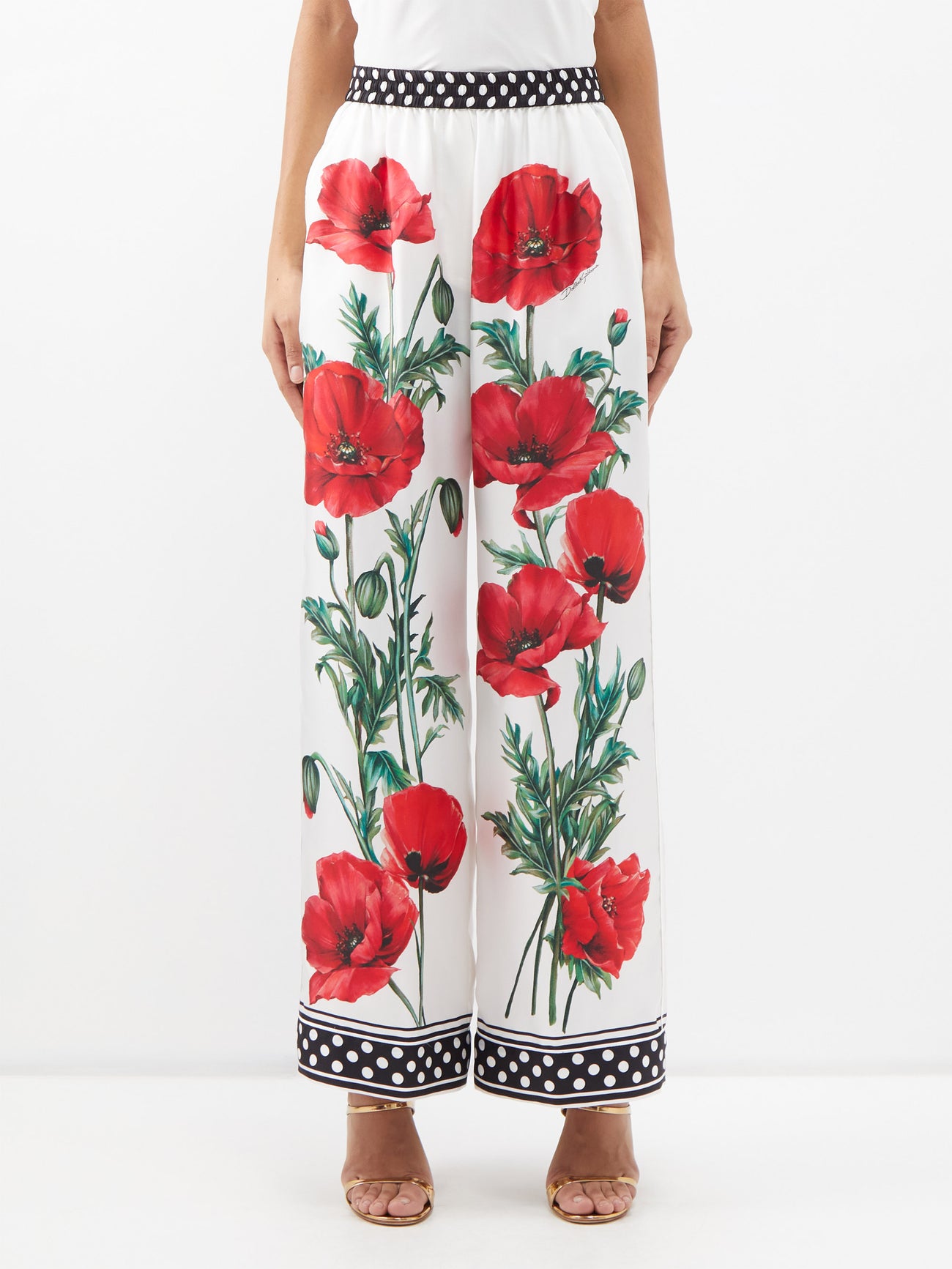 DOLCE & GABBANA Happy Garden Poppy-Print Silk-Twill Trousers in White ...