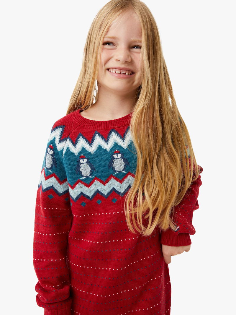 FATFACE Kids' Pippa Penguin Fair Isle Jumper Dress in Red | endource