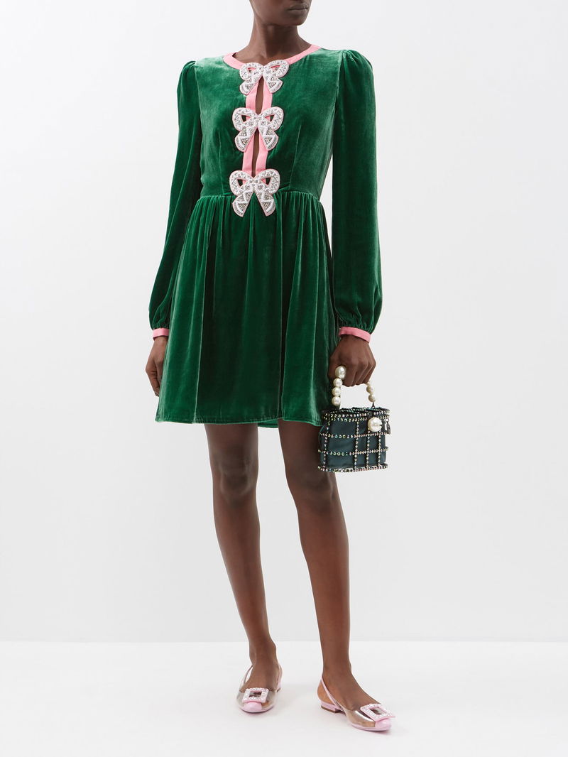 SALONI Camille Crystal-Bow Velvet Mini Dress | Endource