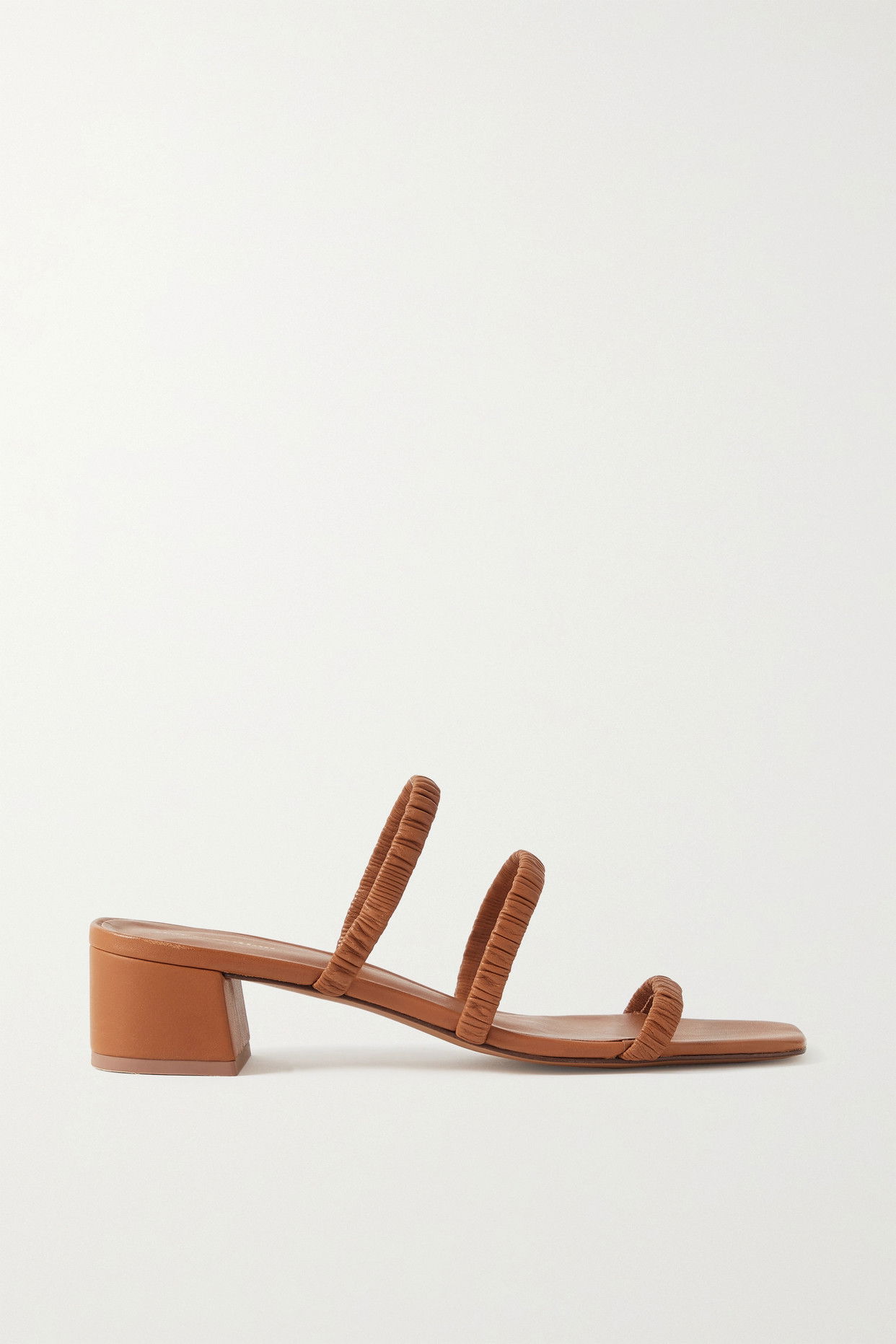 REFORMATION Assunta Ruched Leather Mules in Brown | Endource