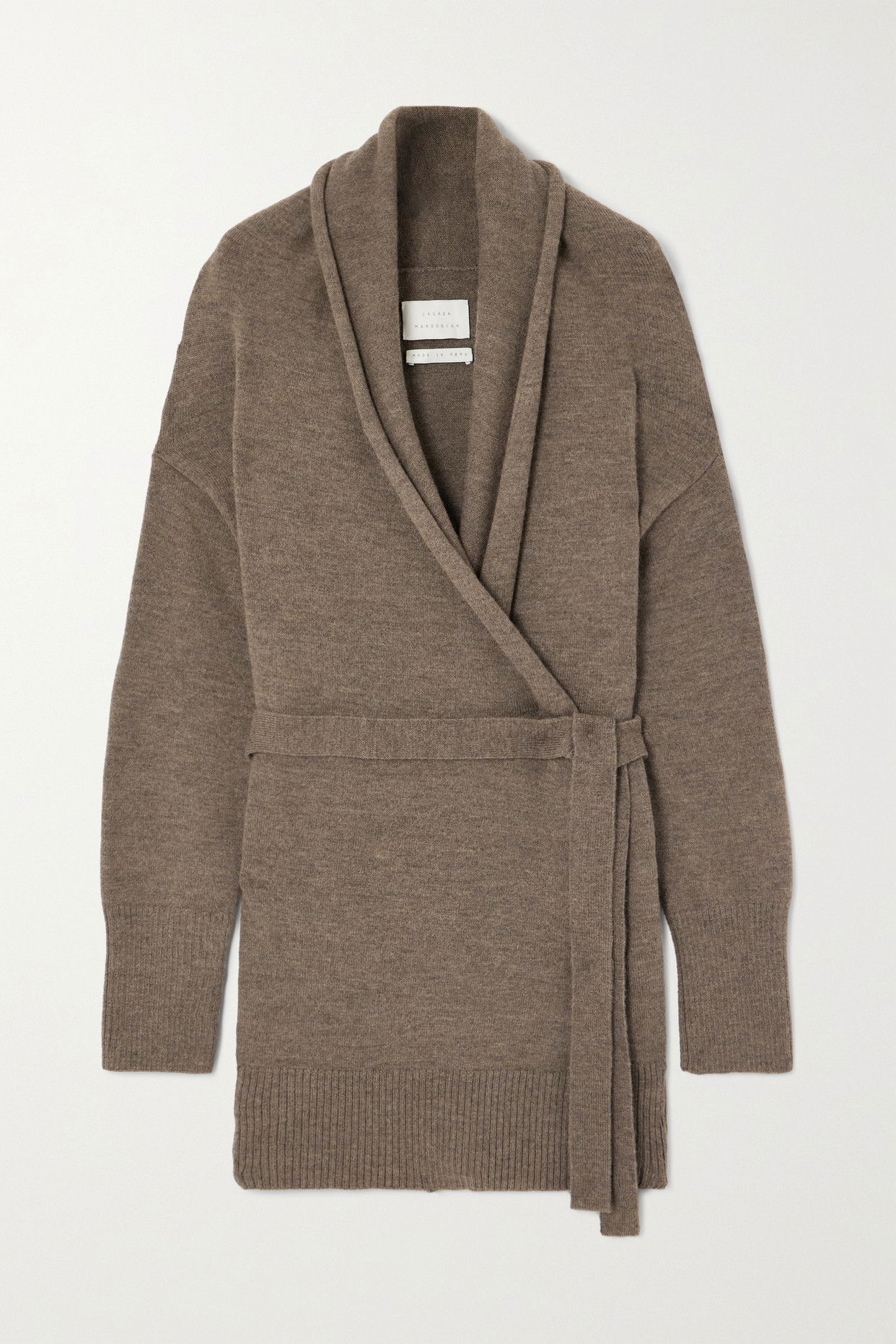 LAUREN MANOOGIAN Ribbed Merino Wool-Blend Wrap Cardigan in Brown | Endource