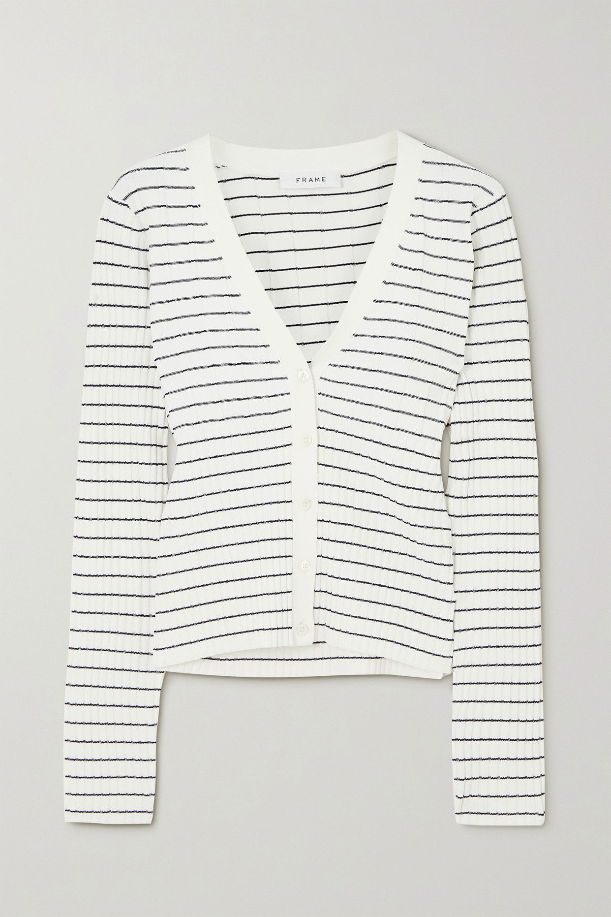FRAME Striped Ribbed-Knit Cardigan in Blue | Endource