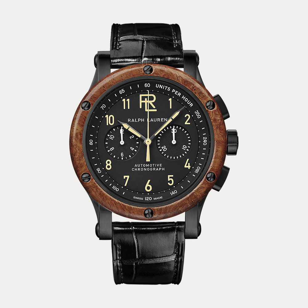 RALPH LAUREN Chronograph Black Steel Wood Bezel Watch | endource