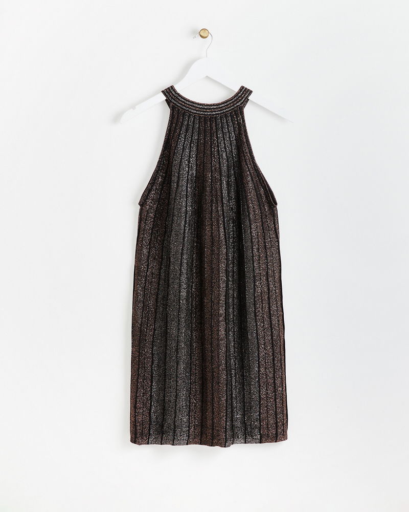 OLIVER BONAS Sparkle Stripe Halter Neck Shift Dress in Copper | Endource OLIVER BONAS Sparkle Stripe Halter Neck Shift Dress in Copper | Endource
