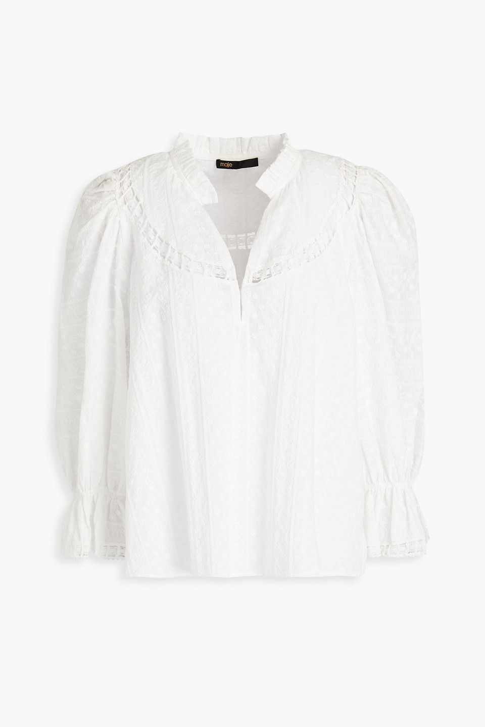 MAJE Lace-Trimmed Embroidered Cotton Blouse in White | endource