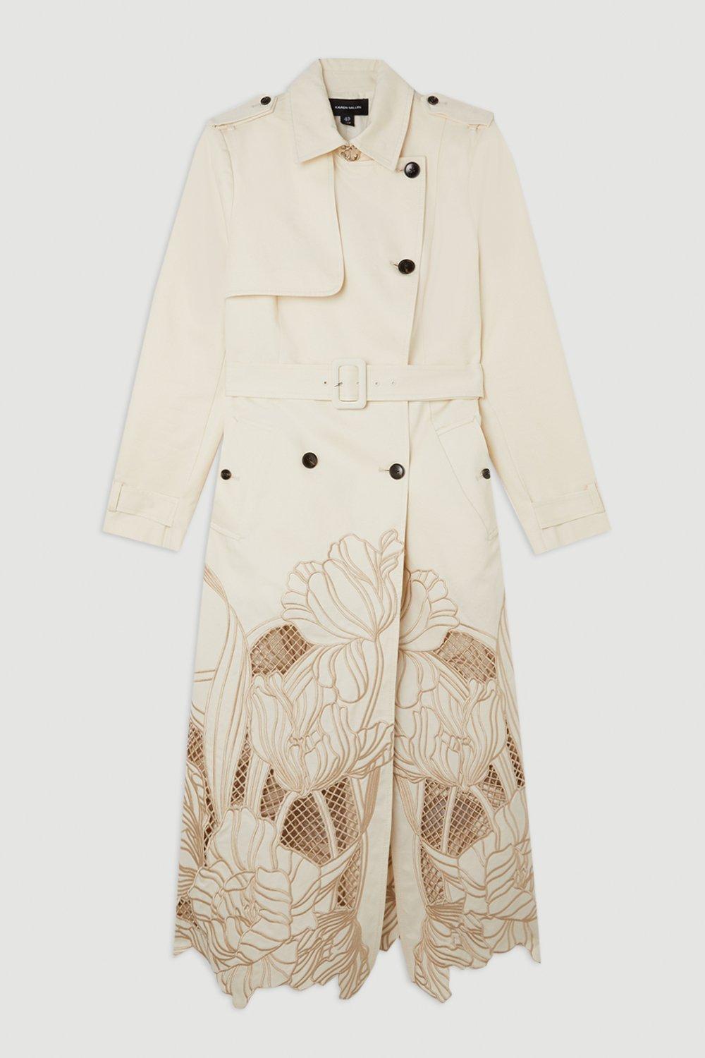 KAREN MILLEN Tailored Cutwork Embroidered Belted Trench Coat in Ivory ...
