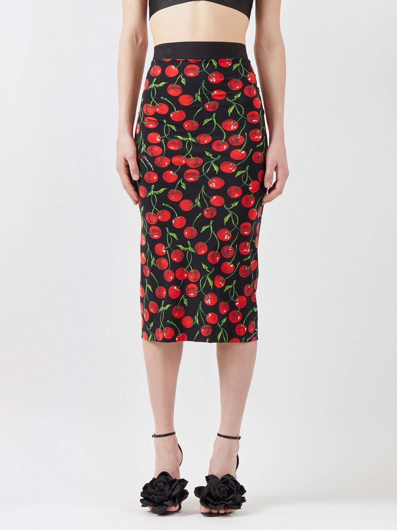 DOLCE & GABBANA Cherry-Print Jersey Midi Skirt in Black | endource