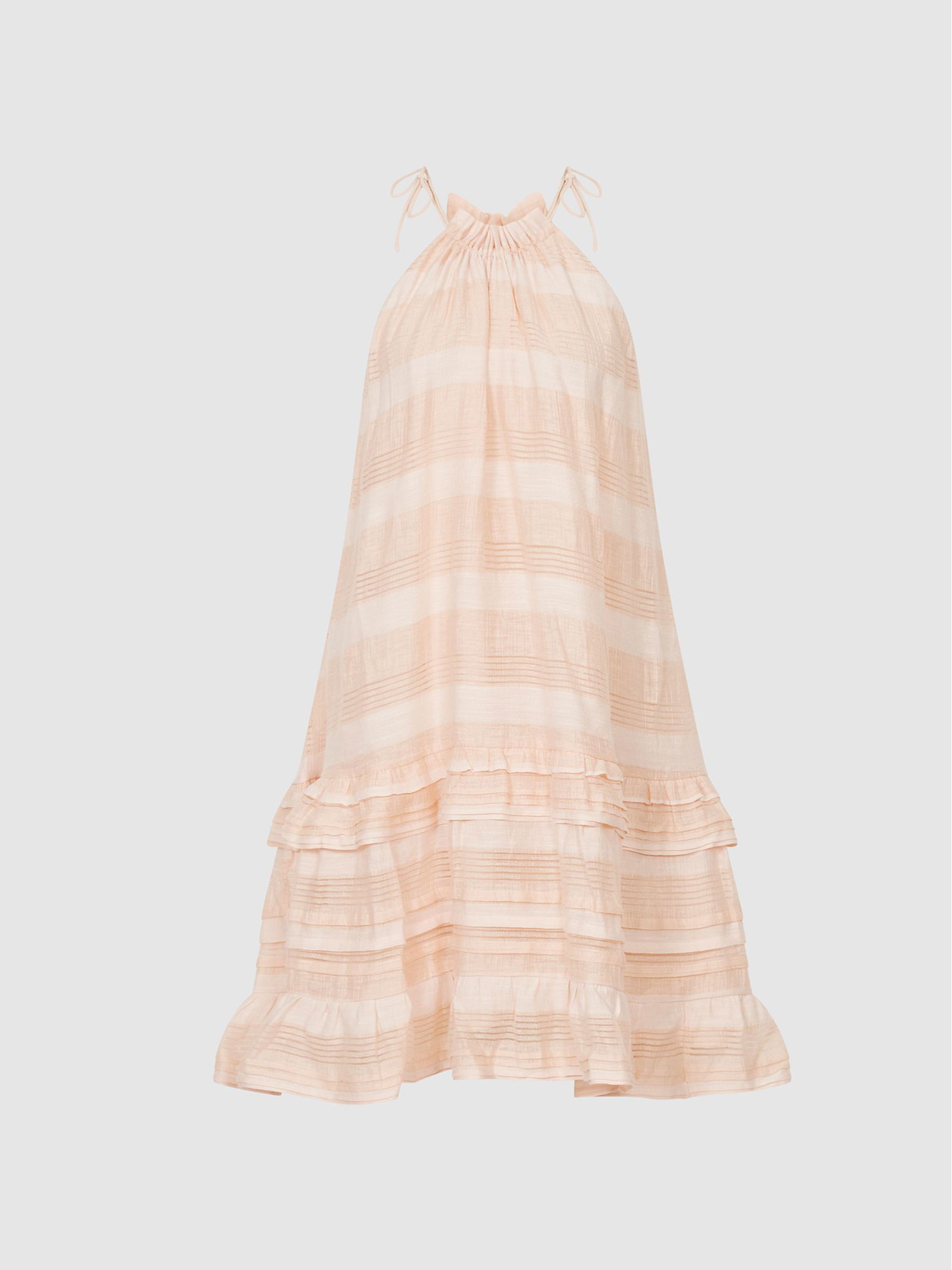 REISS Gabrielle Linen Blend Ruffle Mini Dress in Coral | Endource