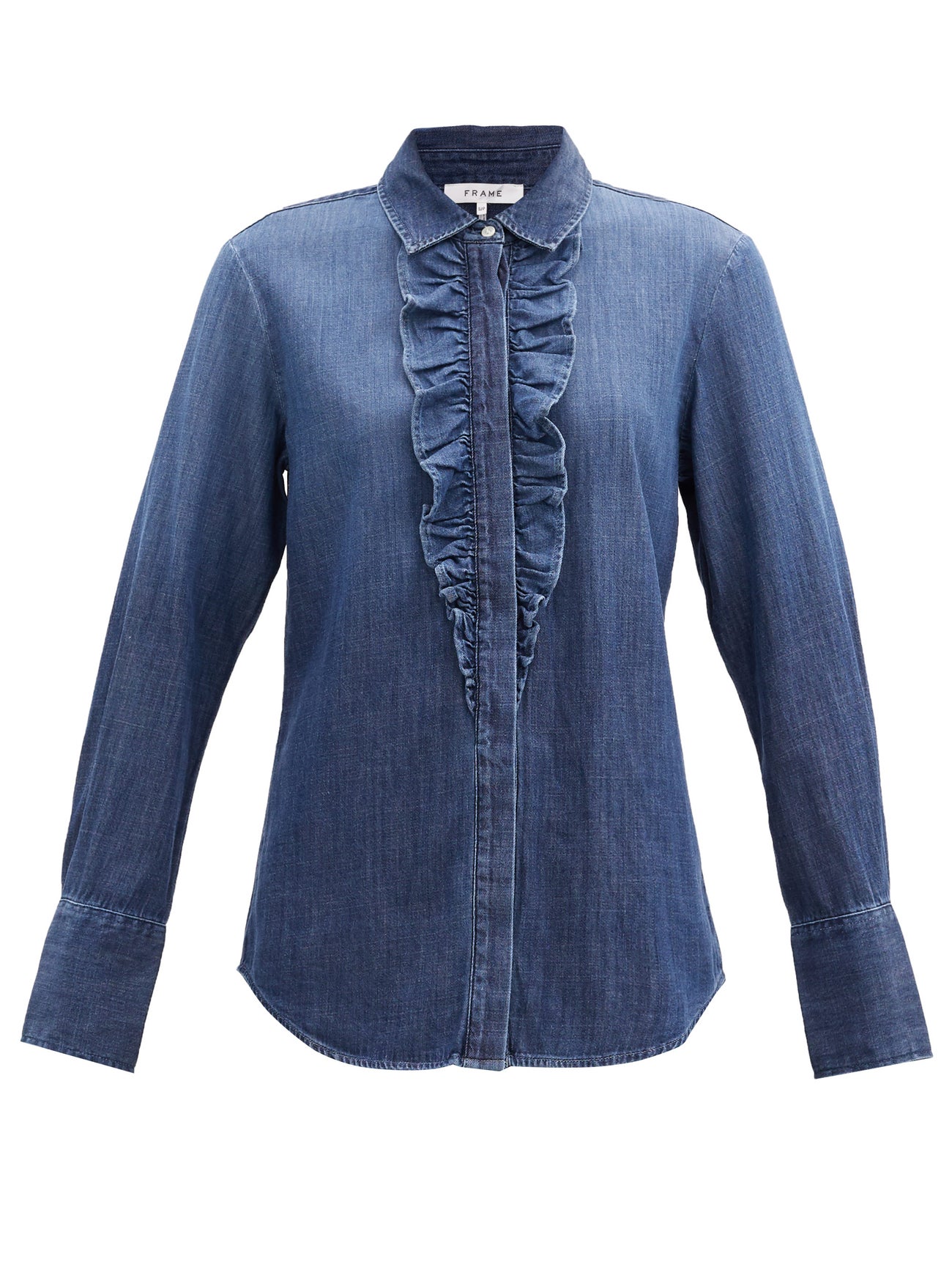 FRAME Ruffled Denim Shirt in Blue | Endource