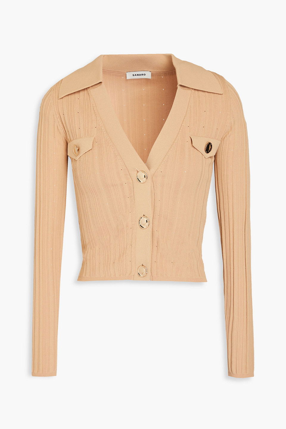 SANDRO Ribbed Pointelle-Knit Cardigan in Brown | Endource