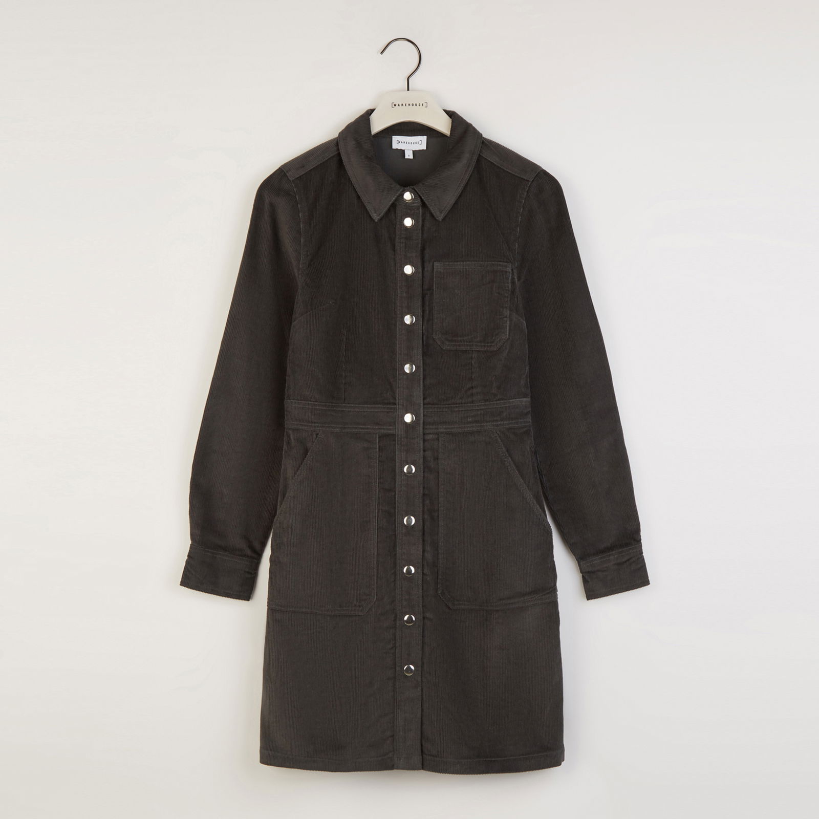 WAREHOUSE Cord Snap Front Dress in Dark Grey | endource