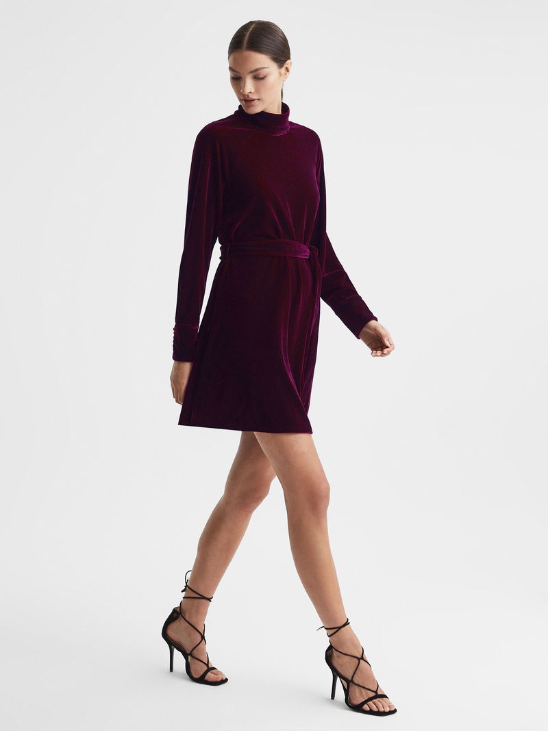 Reiss Essie Velvet Belted Mini Dress In Berry Endource