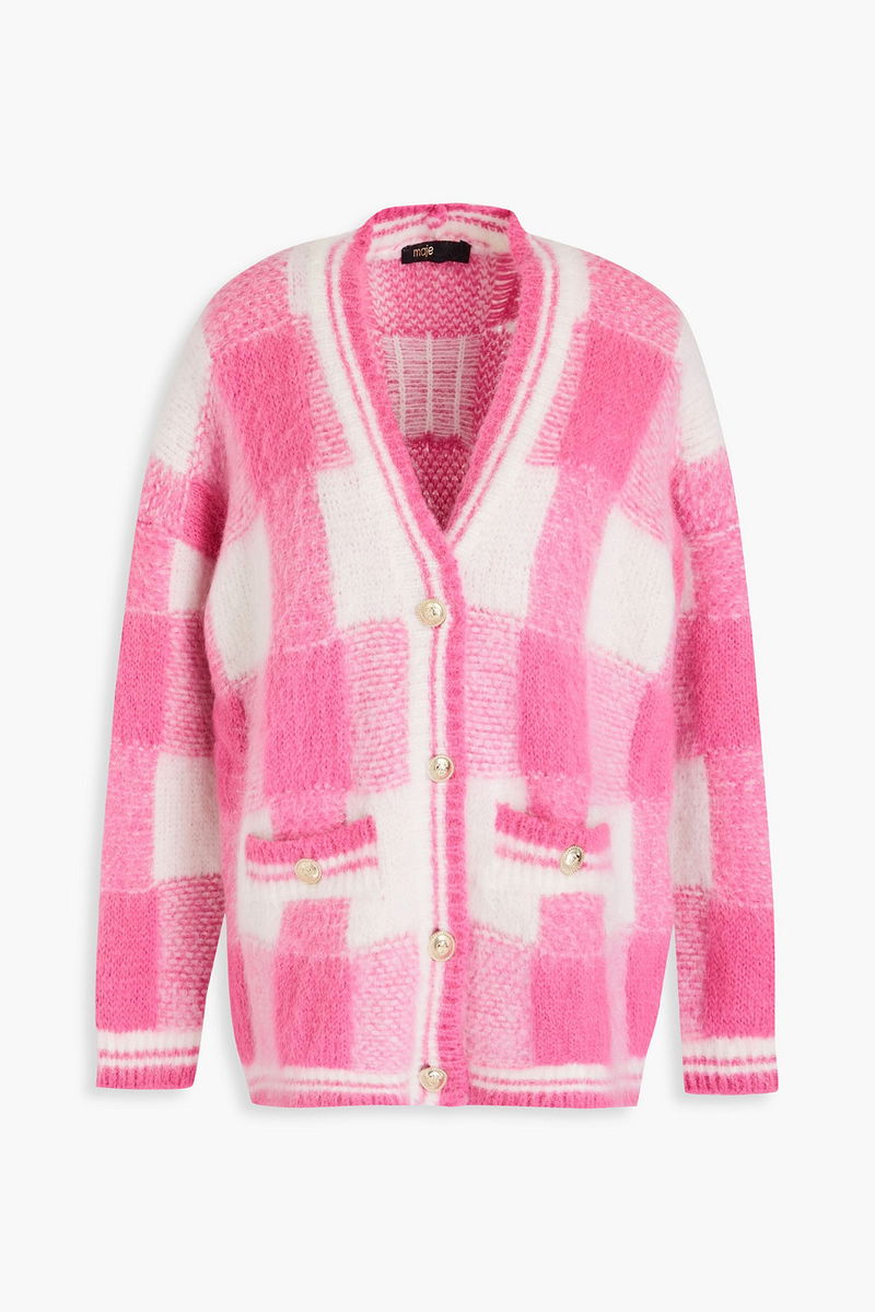 MAJE Checked Jacquard-Knit Cardigan in Pink | endource