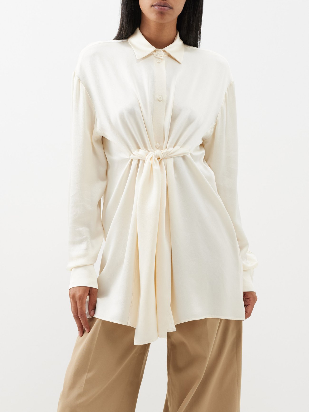 RAEY Tie-Front Silk Draped Shirt in Cream | endource