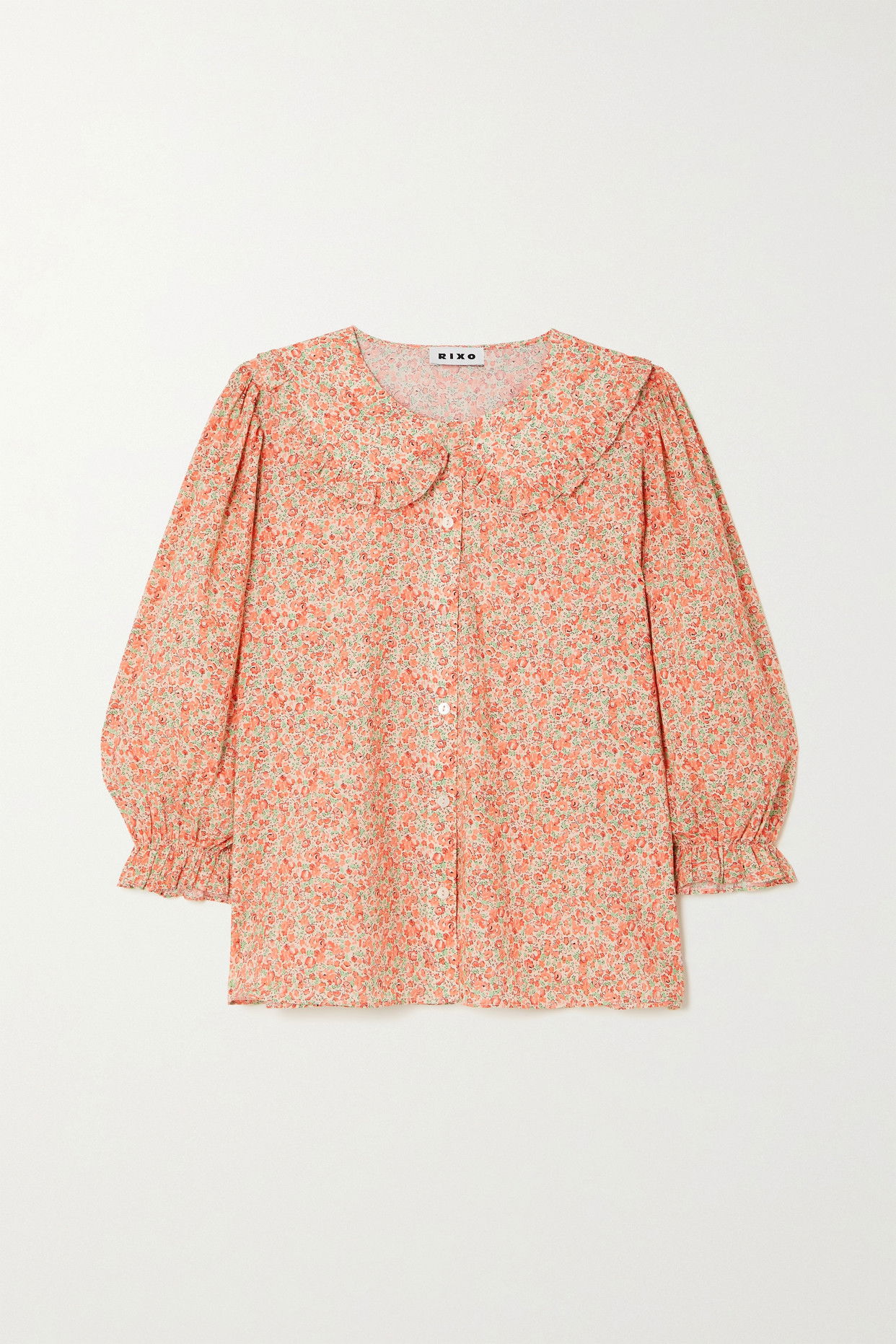 RIXO Nika Ruffled Floral-Print Cotton Blouse in Orange | Endource