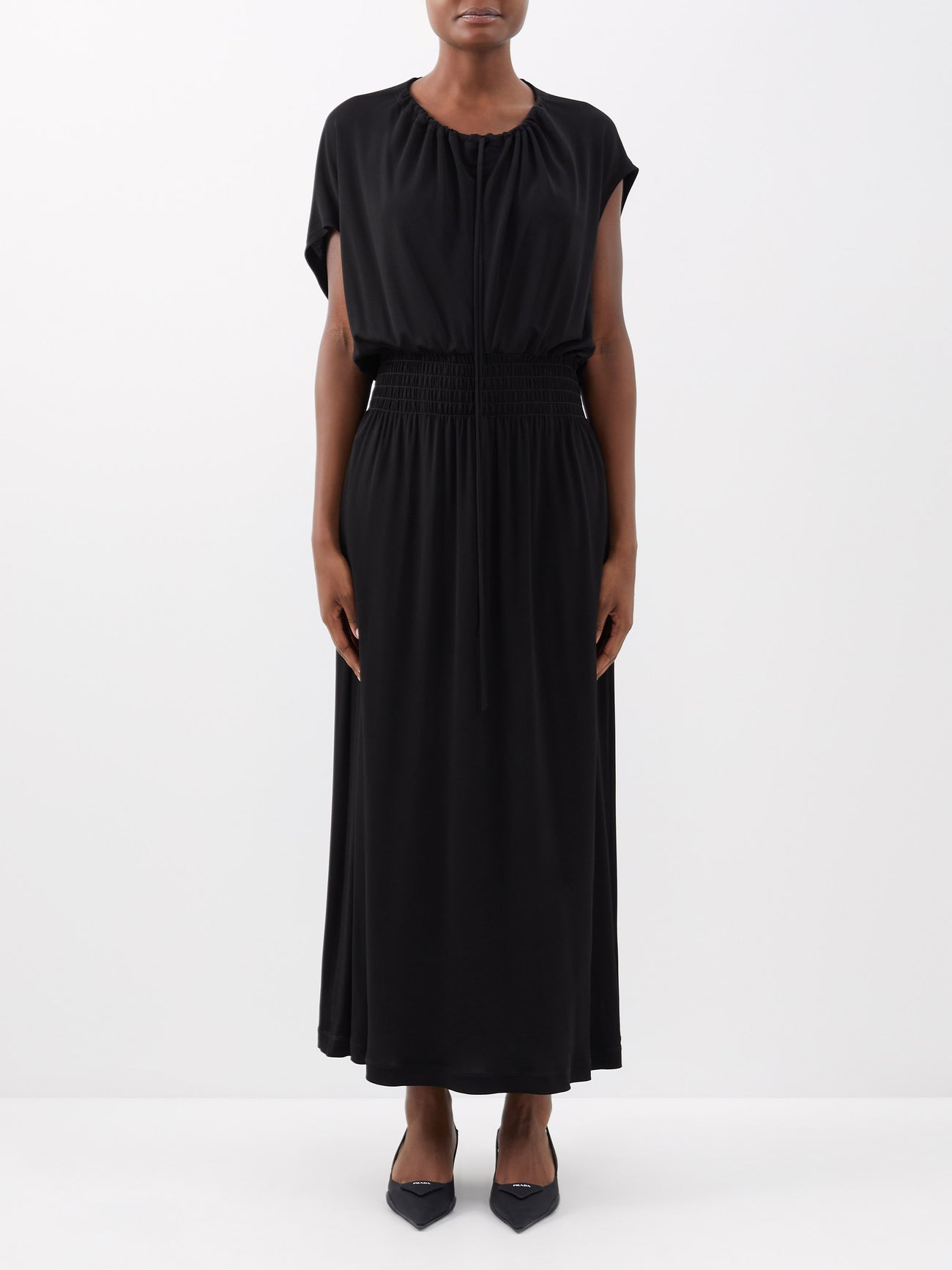 RAEY Gathered-Neck Shirred-Waist Maxi Dress | endource