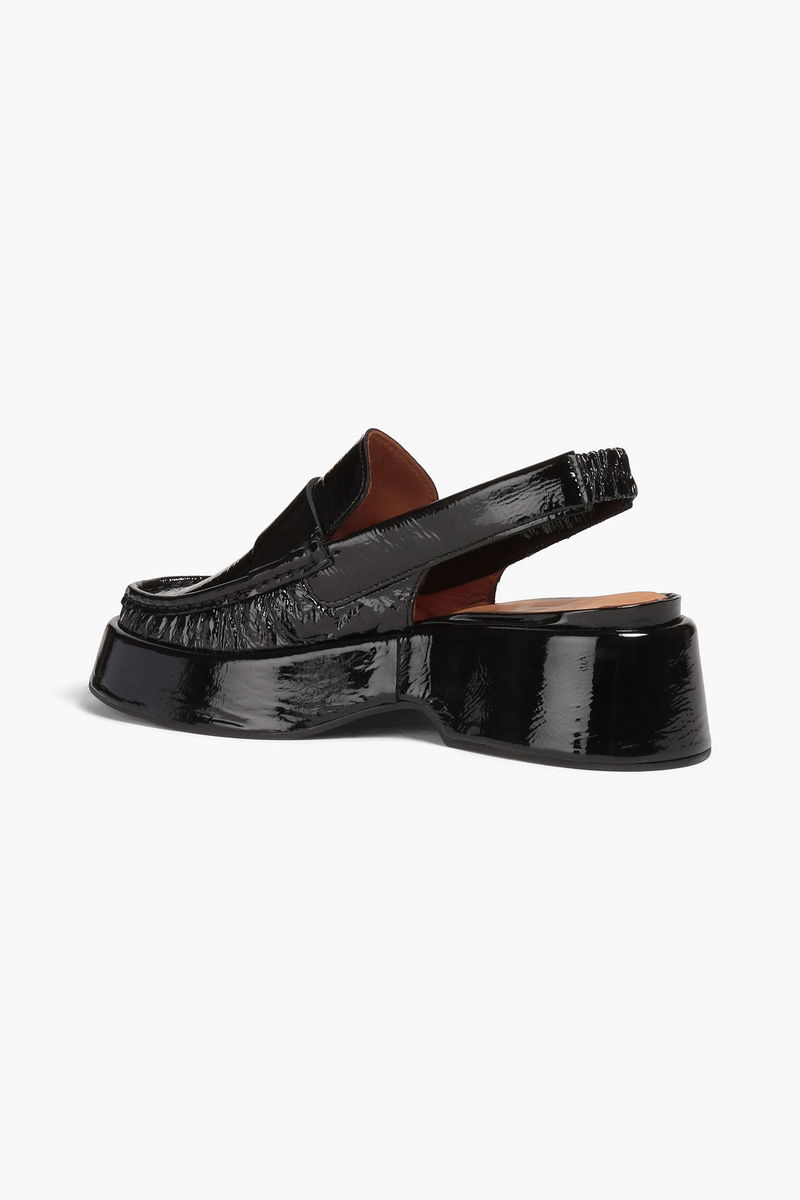 GANNI Crinkled Patent-Leather Slingback Loafers in Black | endource