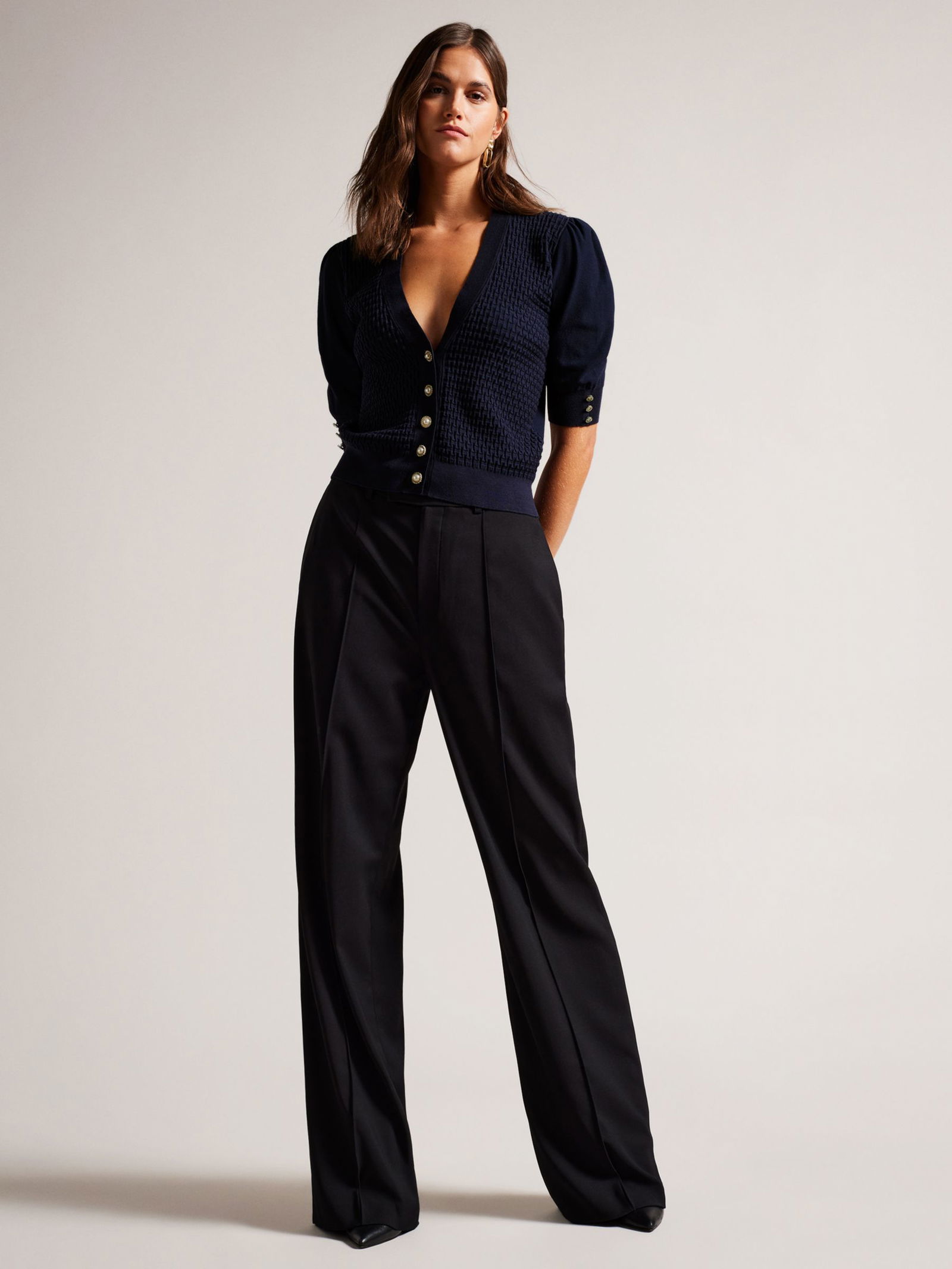 TED BAKER Diamante Buttons Cropped Cardigan in Dark Blue | endource