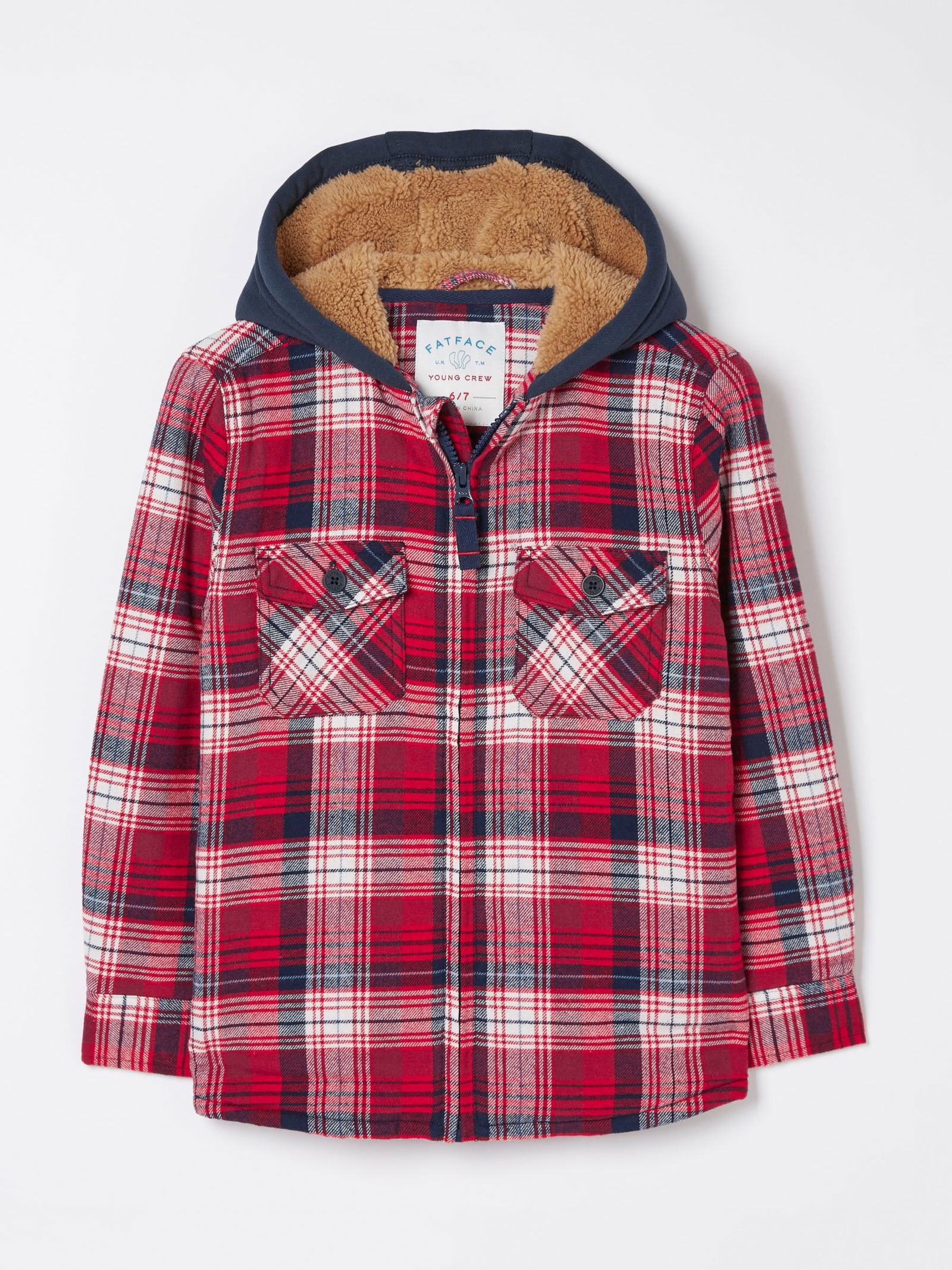 FATFACE Kids' Check Zip Through Hooded Shacket in Cherry Red | endource