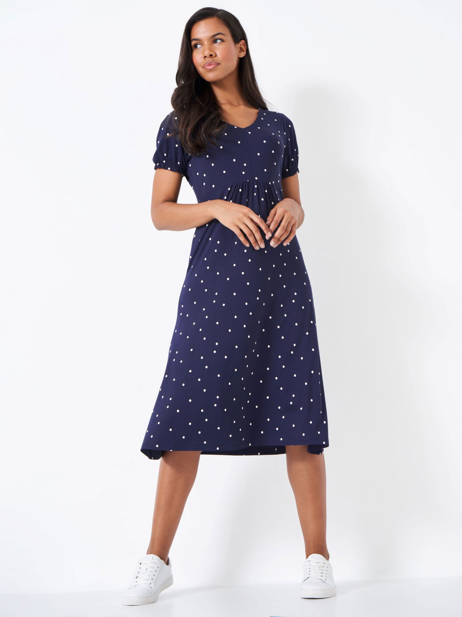 CREW CLOTHING Mel Polka Dot V-Neck Dress in Navy Blue | endource