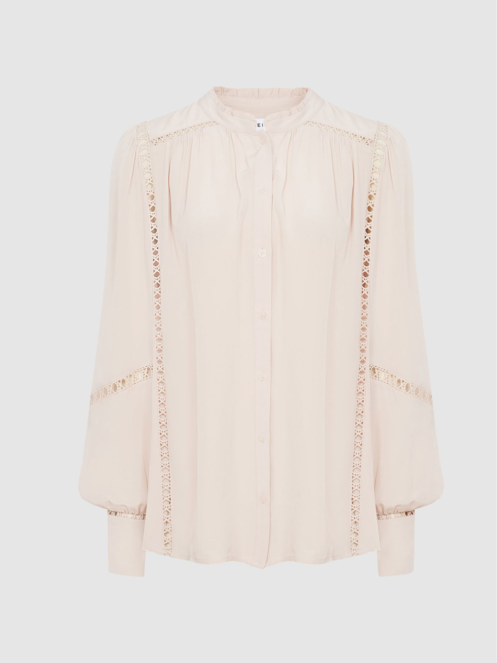 REISS Kalisa Ladder Embroidery Satin Blouse in Nude | endource