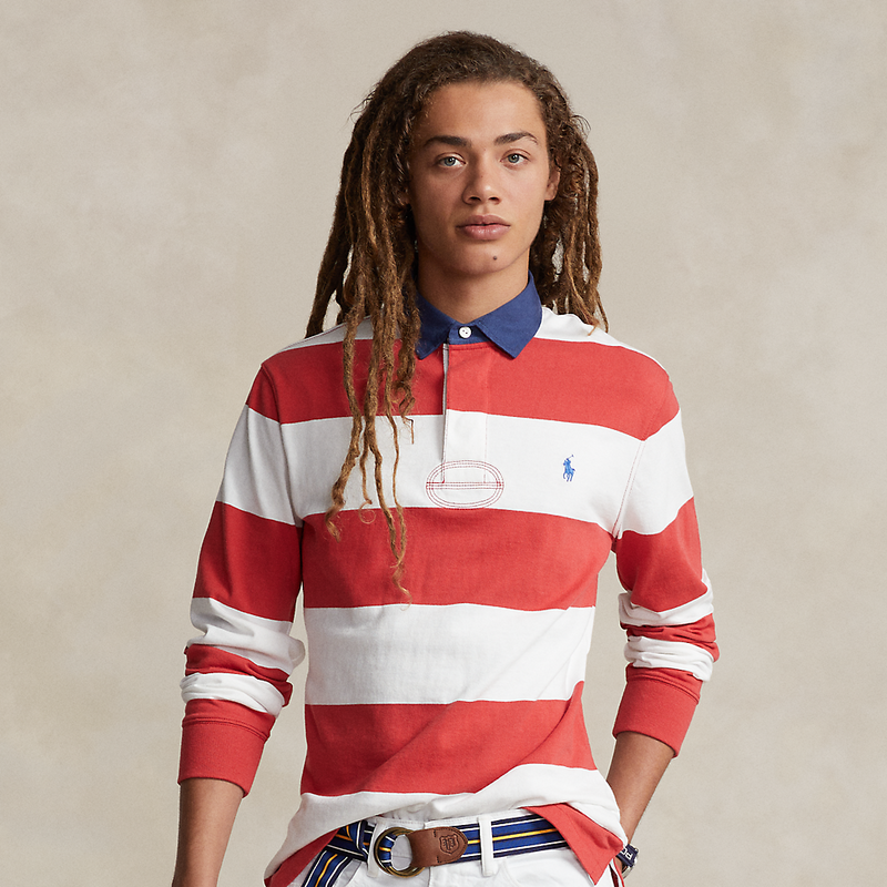 POLO RALPH LAUREN Classic Fit Striped Jersey Rugby Shirt in Red | endource
