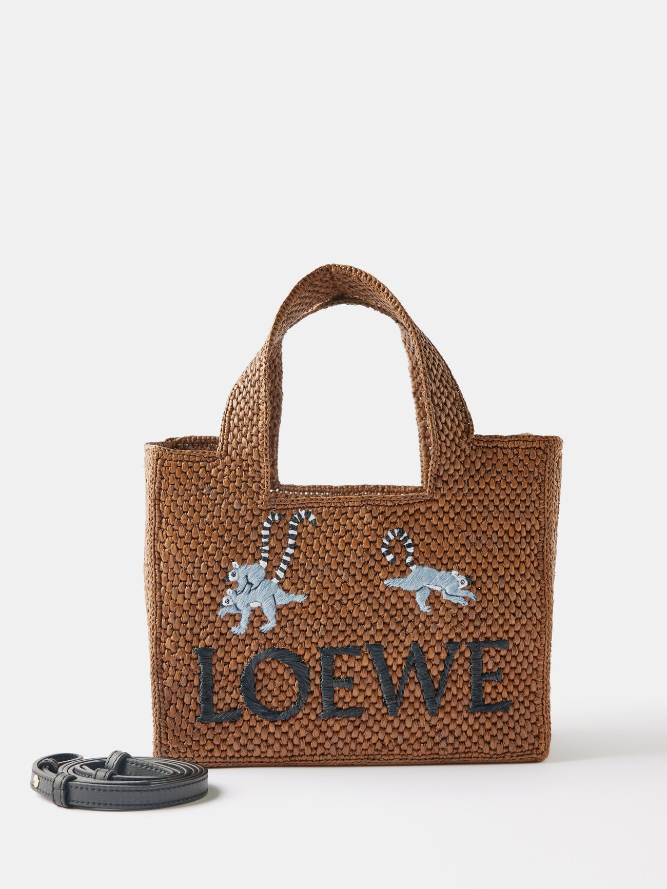 LOEWE Lemur-Embroidered Raffia Leather-Trim Tote Bag in Brown | endource
