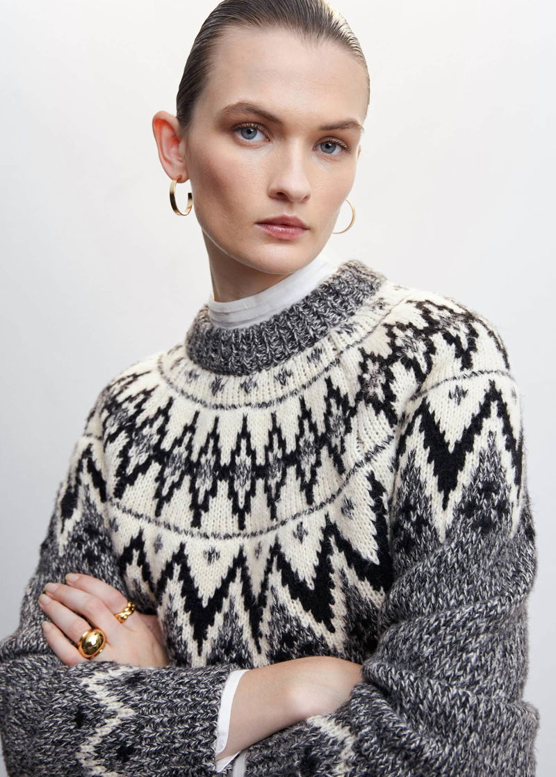 MANGO Crew Neck Border Sweater in Dark Heather Grey | Endource