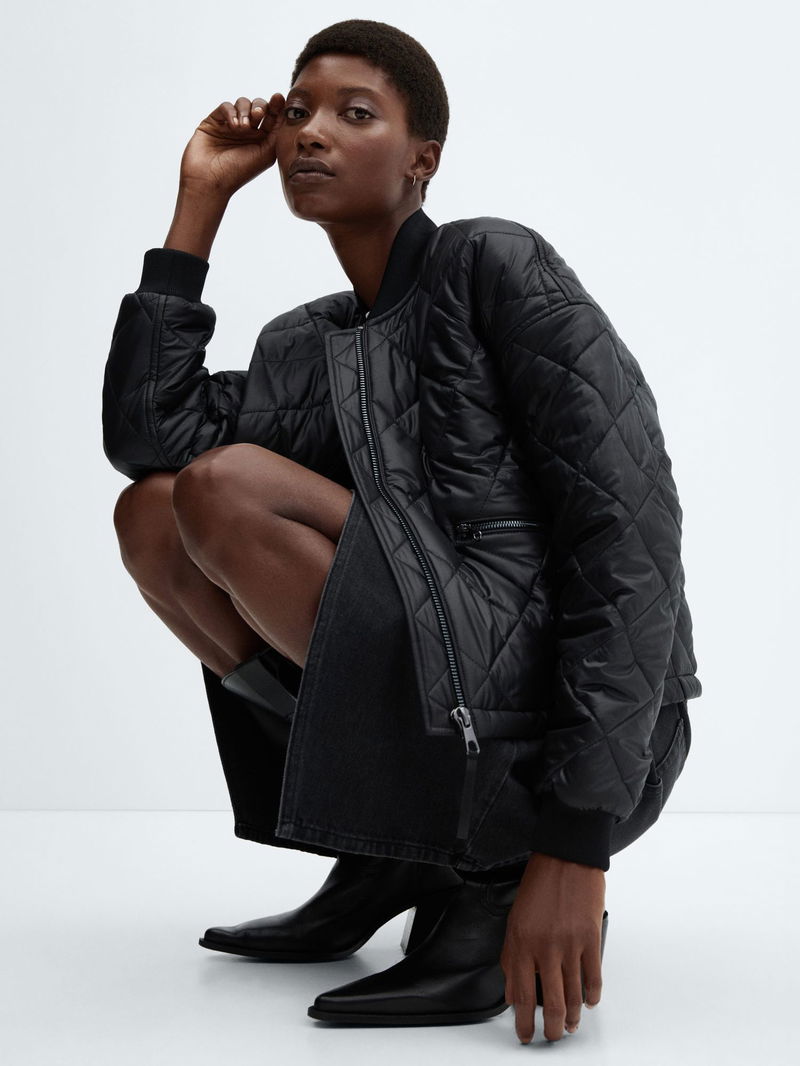 MANGO Lapiz Quilted Waterproof Bomber Jacket in Black | endource