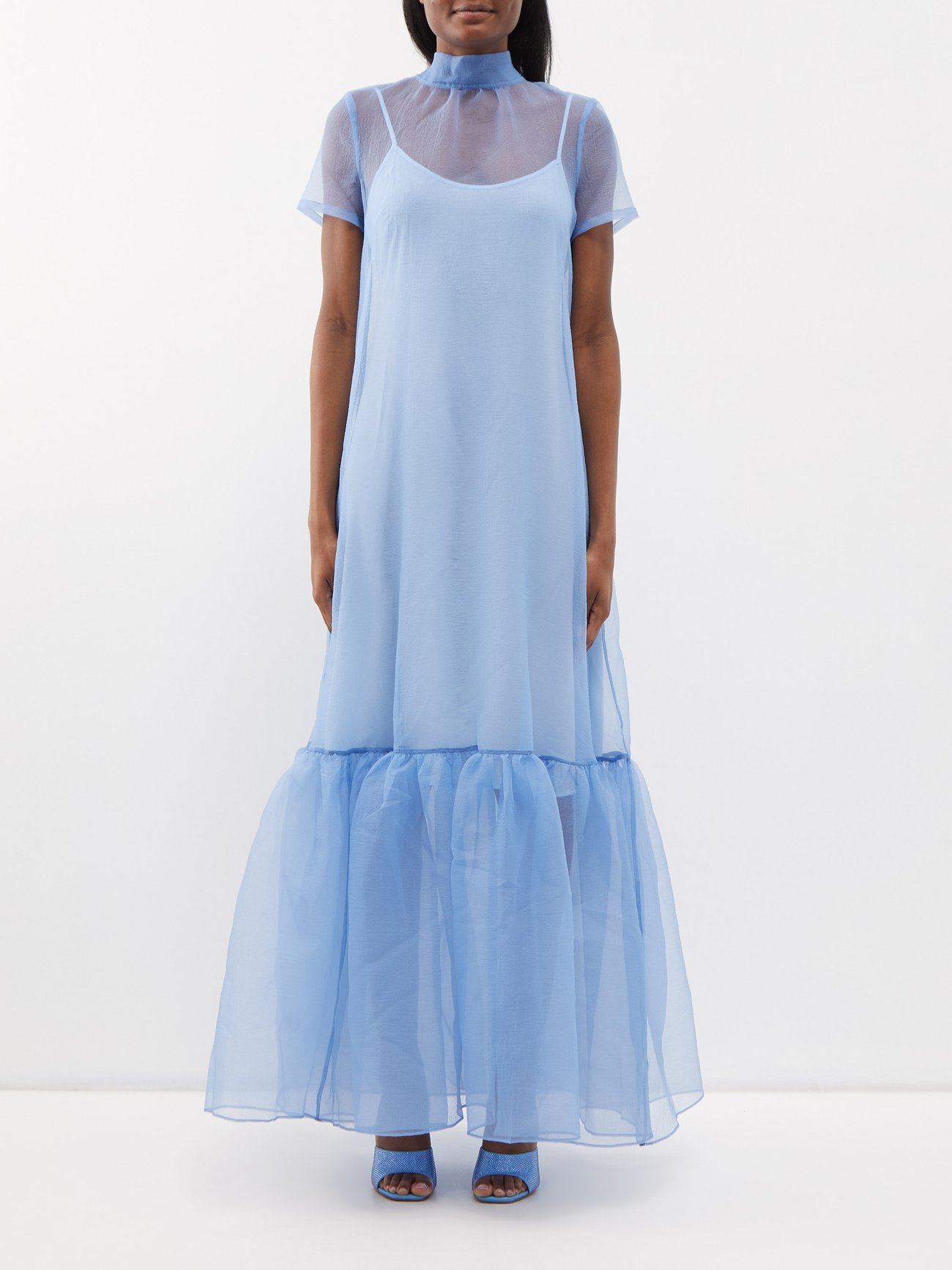 STAUD Calluna Crepe-Organza Maxi Dress in Blue | Endource