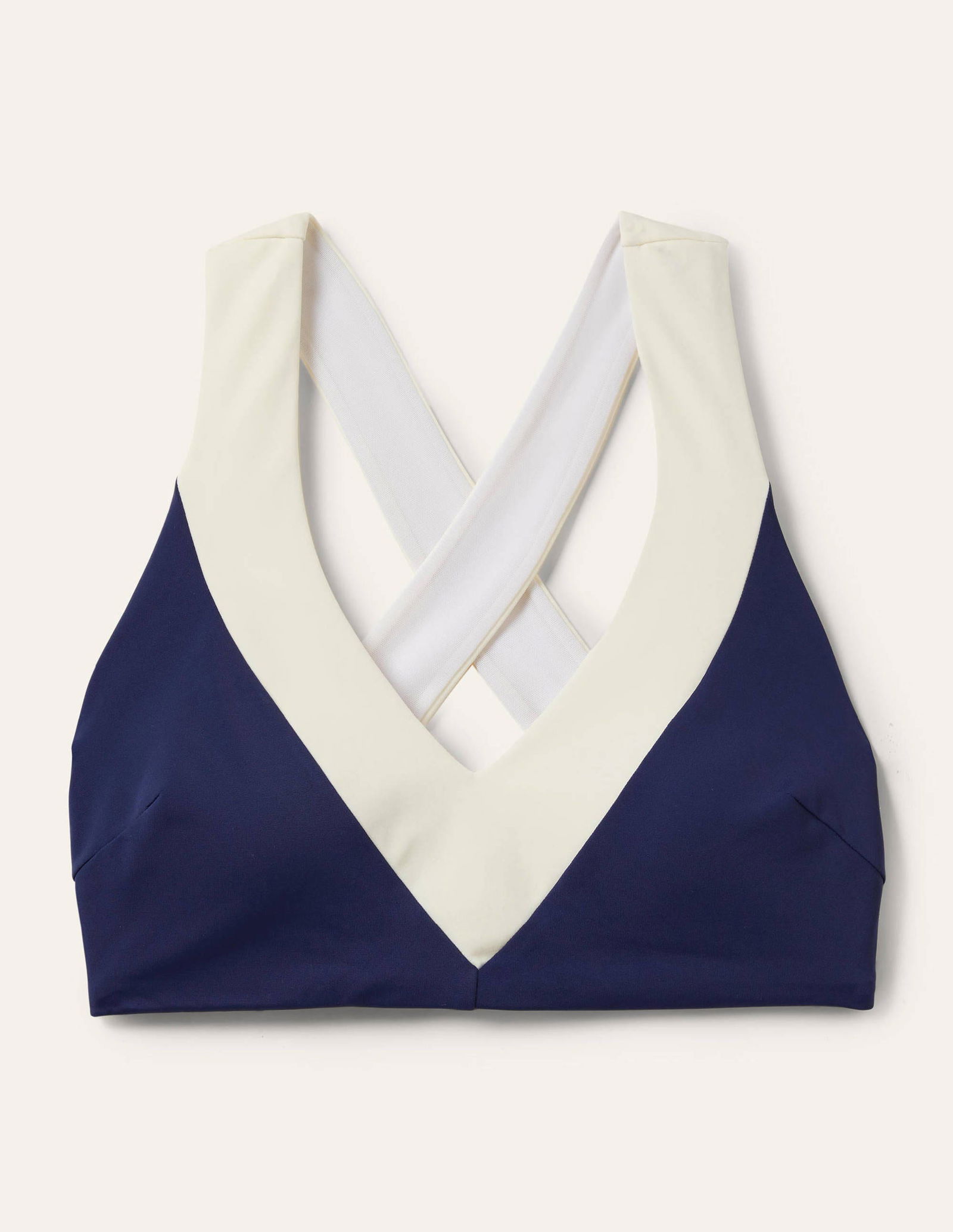 BODEN Cross-Back Bikini Top in French Navy, Ivory Colourblock | Endource