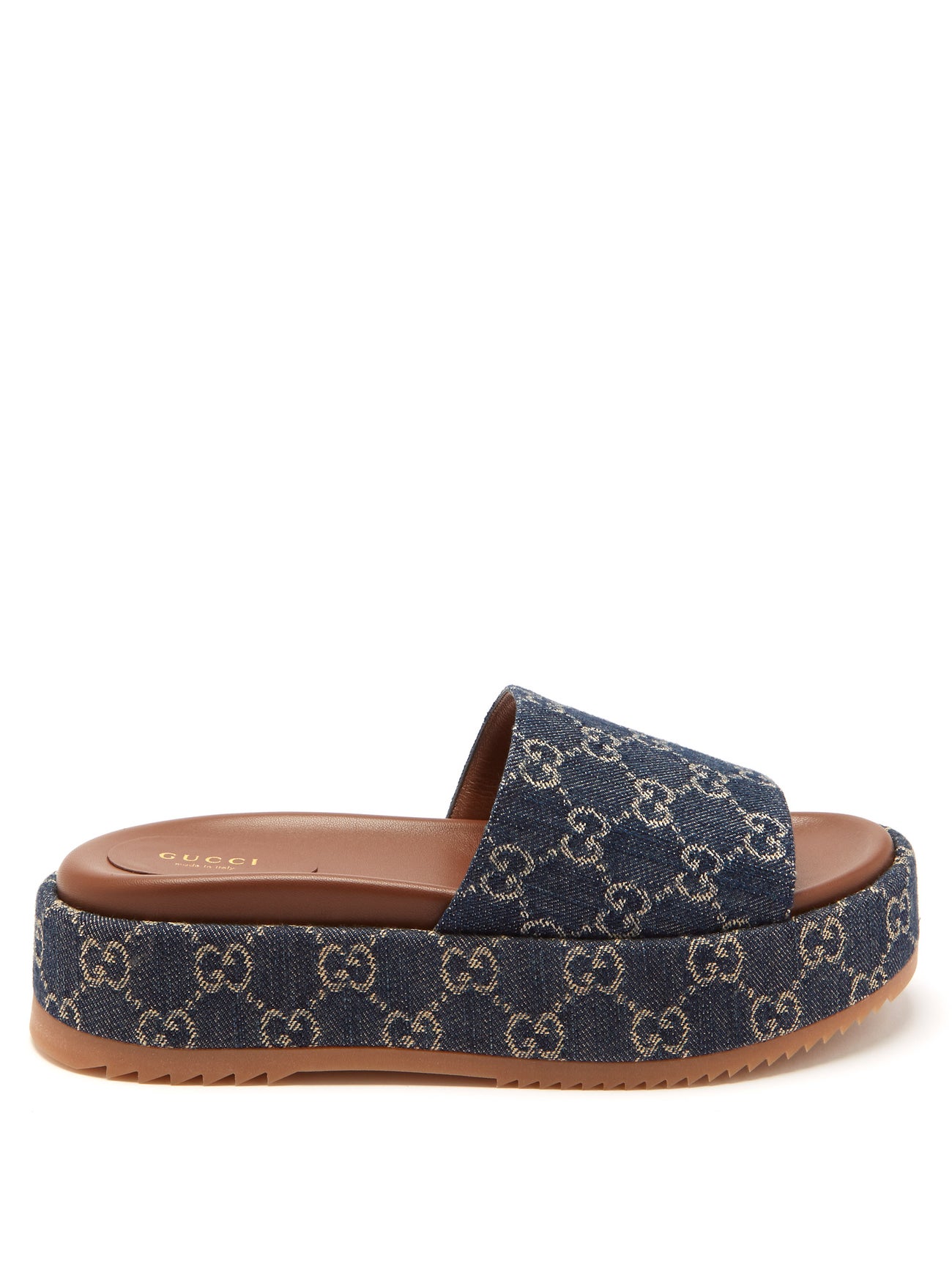 GUCCI Angelina GG-Jacquard Denim Flatform Slides in Blue | endource