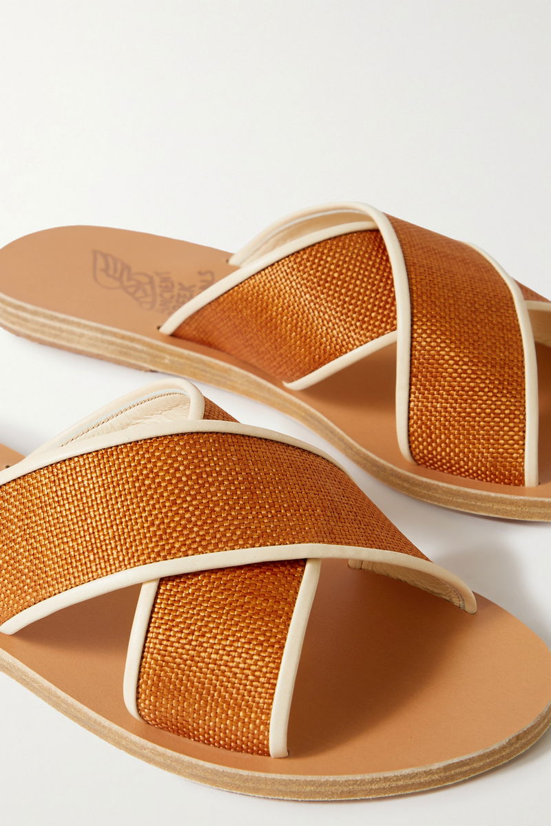 Ancient Greek Sandals Thais Leather Trimmed Raffia Slides In Brown